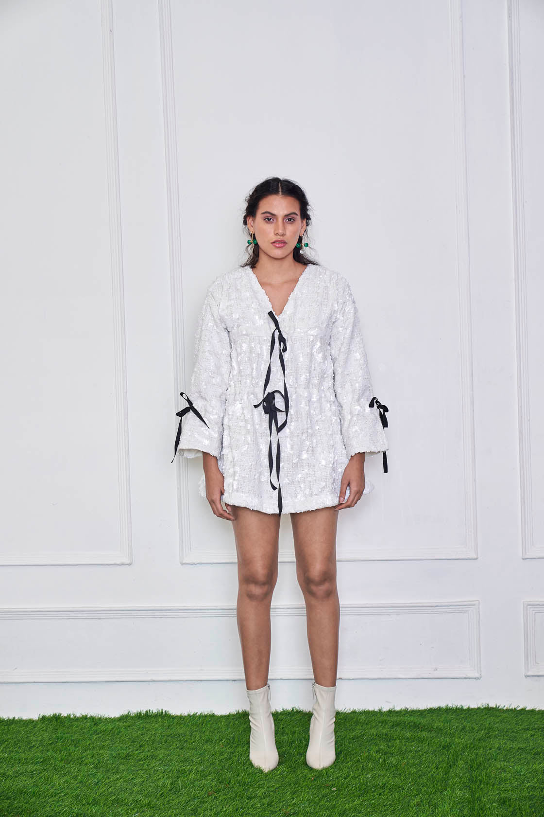 Regency Trapeze Mini Dress with Bell Sleeves